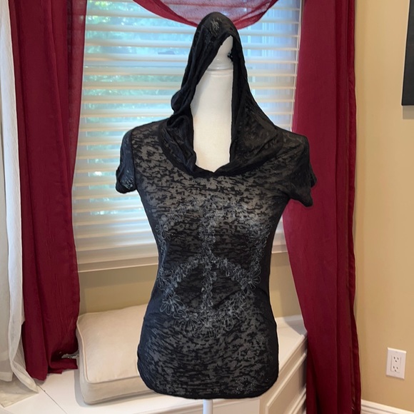 Poof! | Tops | Poof Sheer Short Sleeve Hooded T Shirt Peace Sign Size ...